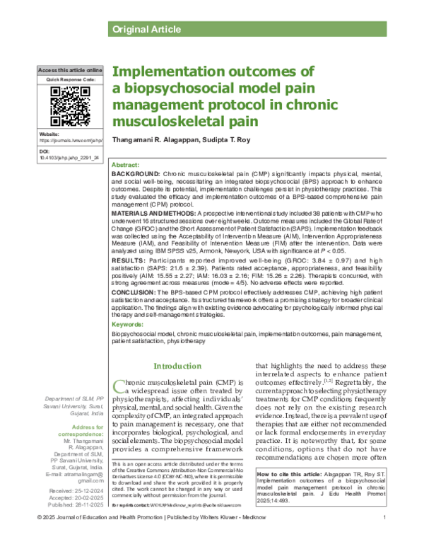 (PDF) Implementation outcomes of a biopsychosocial model pain ...