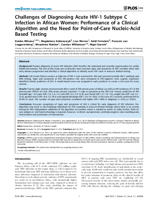 (PDF) Challenges of Diagnosing Acute HIV-1 Subtype C Infection in ...