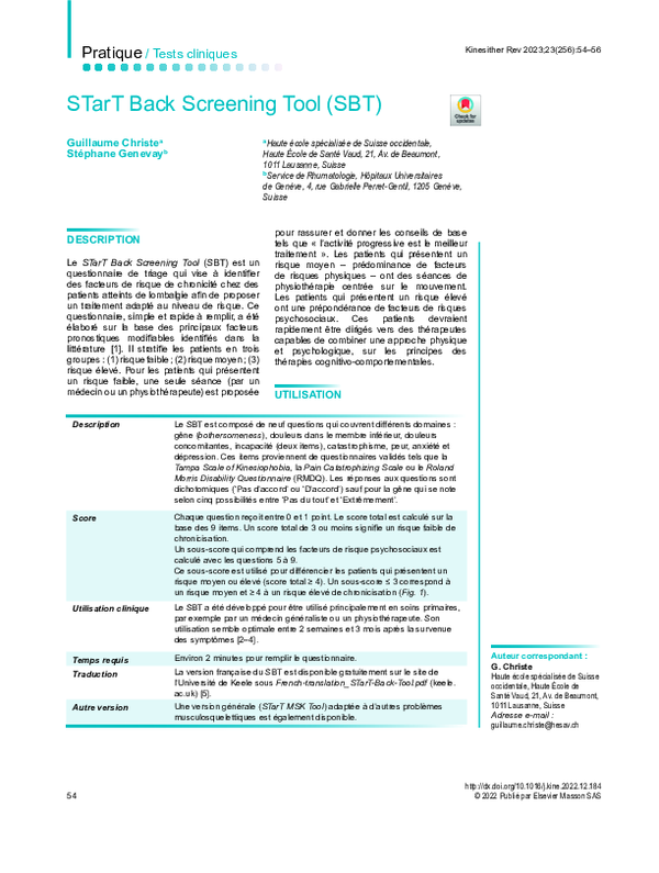(PDF) STarT Back Screening Tool (SBT)