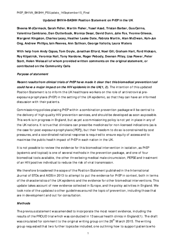 (PDF) Updated BHIVA-BASHH Position Statement on PrEP in the UK
