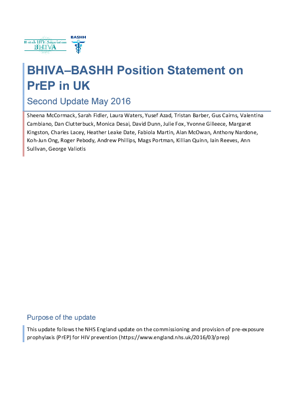 (PDF) BHIVA – BASHH Position Statement on PrEP in UK Second Update May 2016