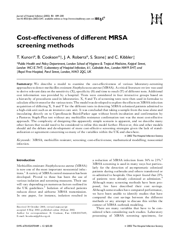 (PDF) Cost-effectiveness of different MRSA screening methods