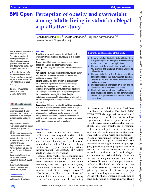(PDF) Perception of obesity and overweight among adults living in suburban Nepal: a qualitative ...