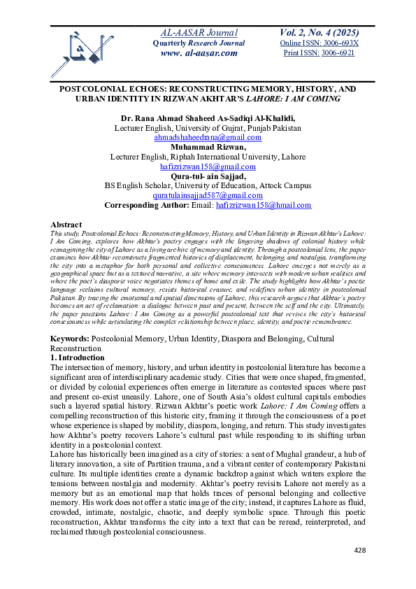 (PDF) POSTCOLONIAL ECHOES: RECONSTRUCTING MEMORY, HISTORY, AND URBAN ...