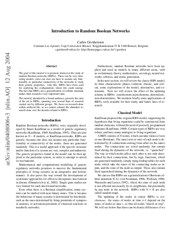 Pdf Introduction To Random Boolean Networks