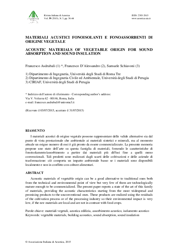 (PDF) Materiali acustici fonoisolanti e fonoassorbenti di origine ...