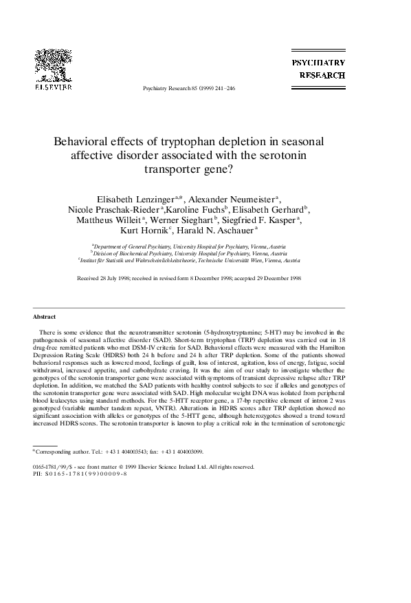 (PDF) Behavioral effects of tryptophan depletion in seasonal affective disorder associated with ...