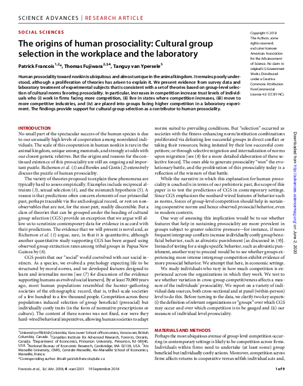 (PDF) The origins of human prosociality: Cultural group selection in ...