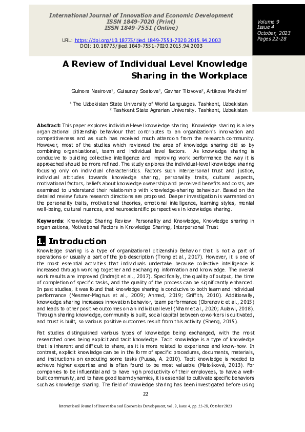 (PDF) A Review of Individual Level Knowledge Sharing in the Workplace