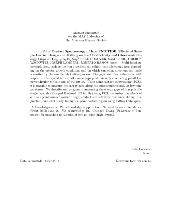 (PDF) Point Contact Spectroscopy of Iron PNICTIDE: Effects of Sample ...
