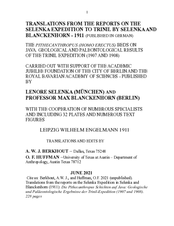 (PDF) Translations from the Reports on the Selenka Expedition to Trinil ...