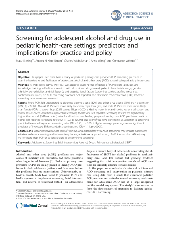 (PDF) Screening for adolescent alcohol and drug use in pediatric health ...