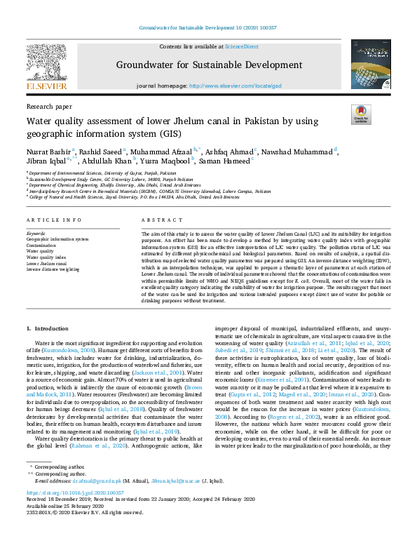 (PDF) Water quality assessment of lower Jhelum canal in Pakistan by ...