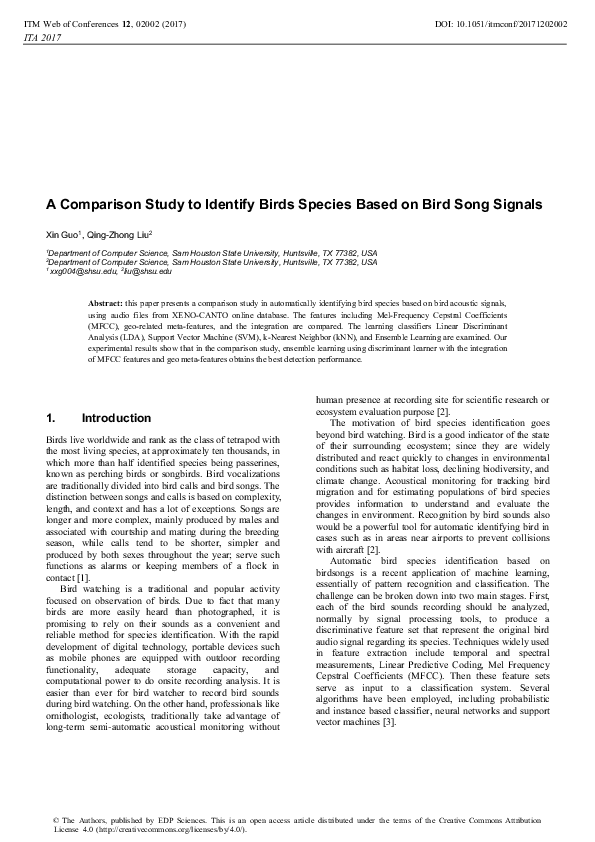 (PDF) A Comparison Study to Identify Birds Species Based on Bird Song ...
