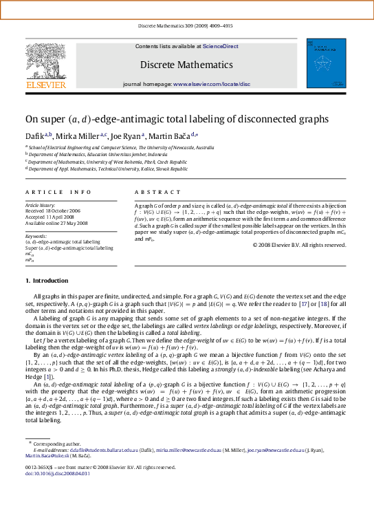 (PDF) On super (a,d)-edge-antimagic total labeling of disconnected graphs