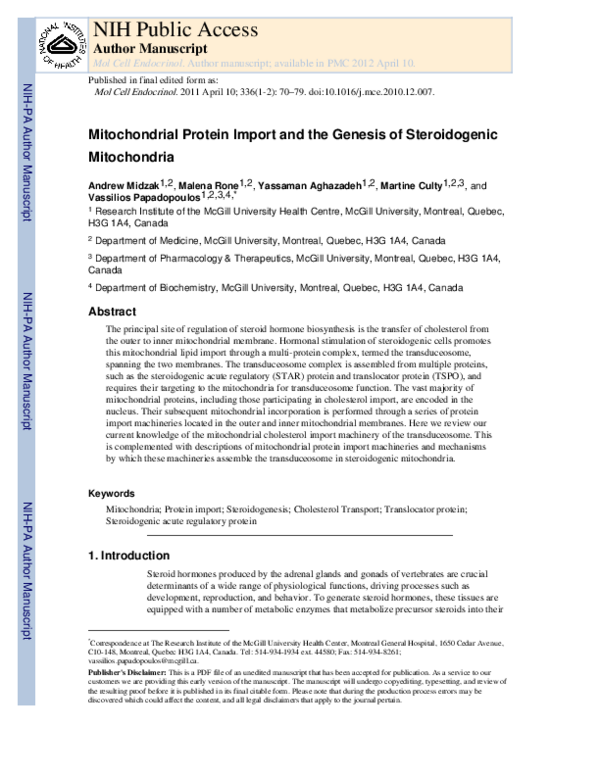 (PDF) Mitochondrial protein import and the genesis of steroidogenic ...