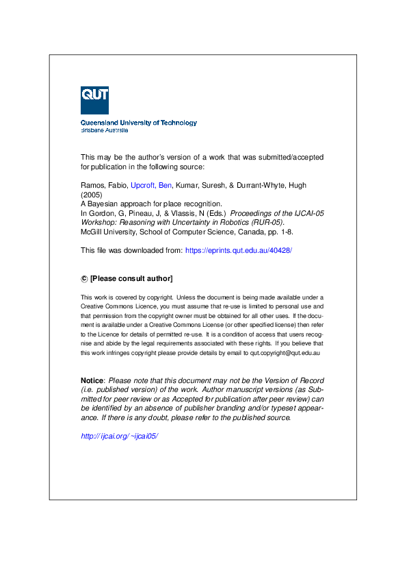 (PDF) A Bayesian approach for place recognition