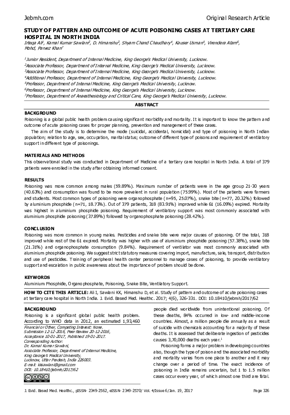 (PDF) Study of Pattern and Outcome of Acute Poisoning Cases at Tertiary ...