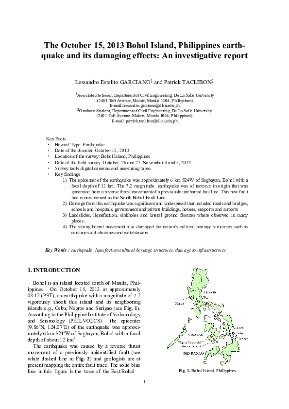 (PDF) The October 15, 2013 Bohol Island, Philippines earth- quake and its damaging effects: An ...