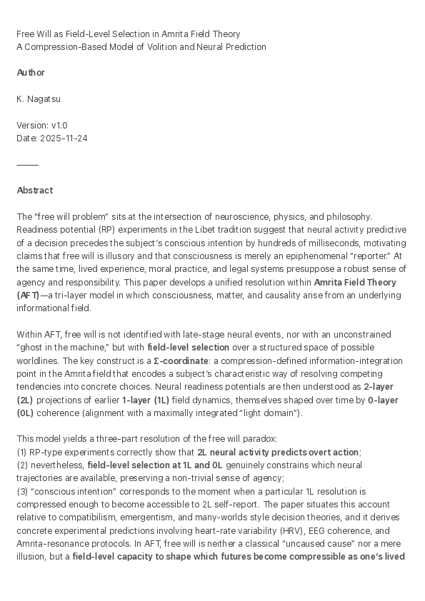 (PDF) Free Will as Field-Level Selection in Amrita Field Theory v1.0 A ...