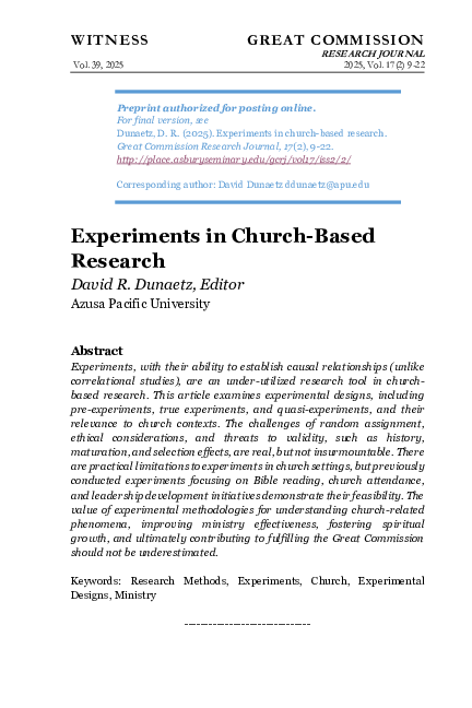 (PDF) Experiments in Church-Based Research