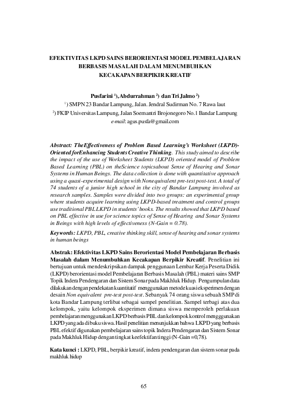 (PDF) Efektivitas LKPD Sains Berorientasi Model Pembelajaran Berbasis ...