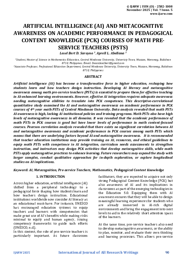 (PDF) ARTIFICIAL INTELLIGENCE (AI) AND METACOGNITIVE AWARENESS ON ...