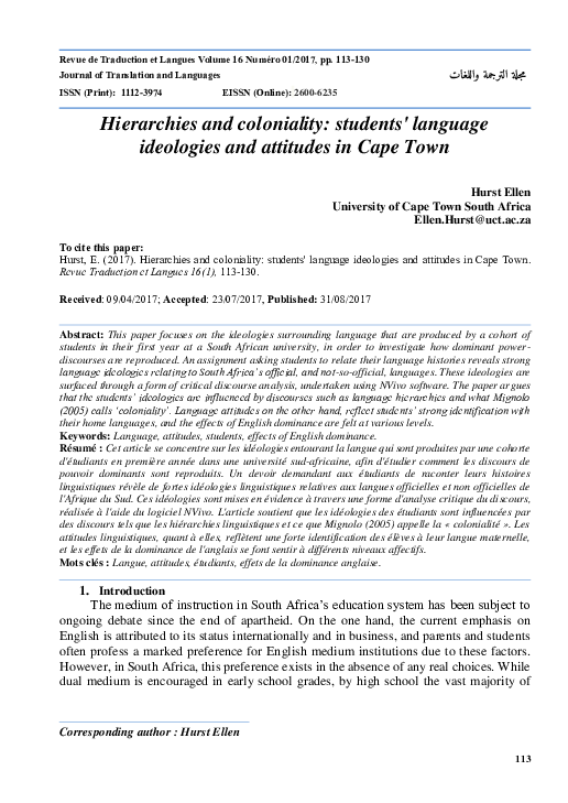 (PDF) Hierarchies and coloniality: students' language ideologies and ...