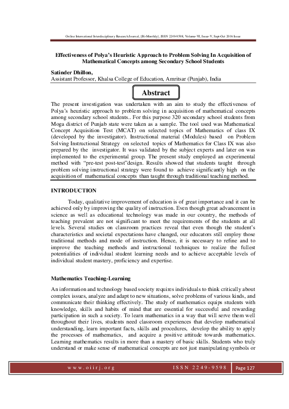(PDF) Effectiveness of Polya's Heuristic Approach to Problem Solving In ...