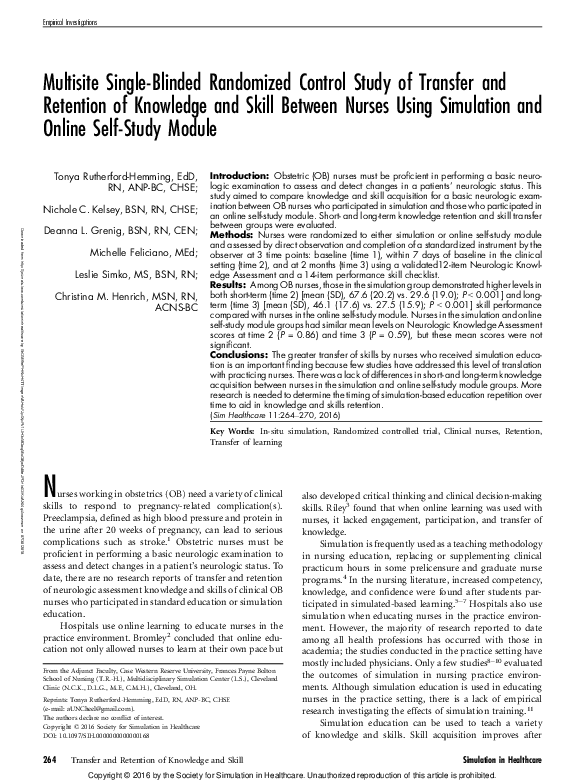 (PDF) Multisite Single-Blinded Randomized Control Study of Transfer and ...