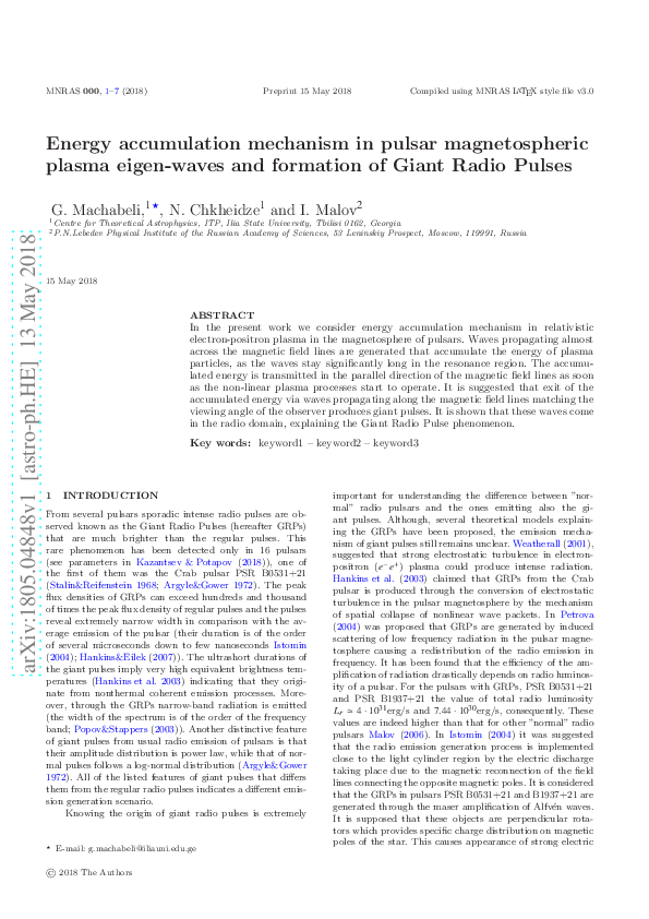 (PDF) Energy accumulation mechanism in pulsar magnetospheric plasma ...