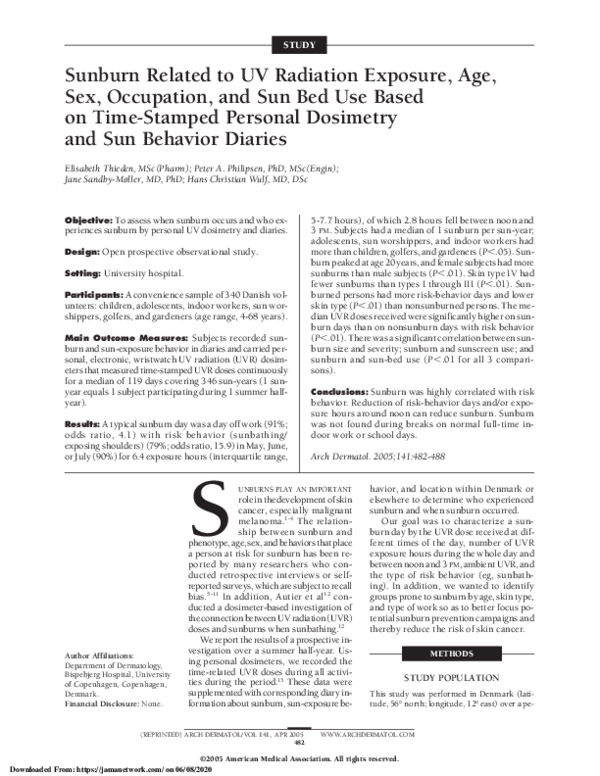 (PDF) Sunburn Related to UV Radiation Exposure, Age, Sex, Occupation ...