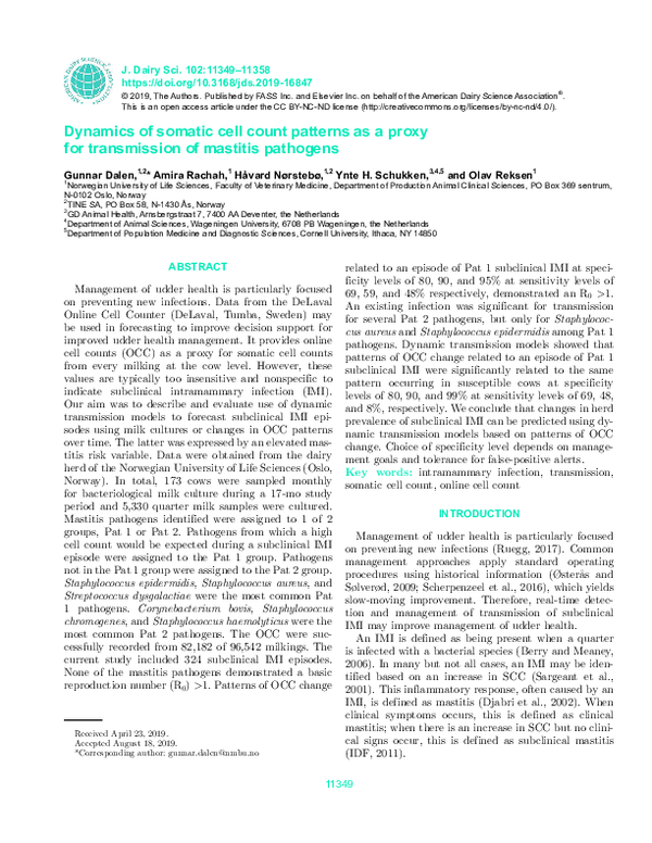 (PDF) Dynamics of somatic cell count patterns as a proxy for transmission of mastitis pathogens
