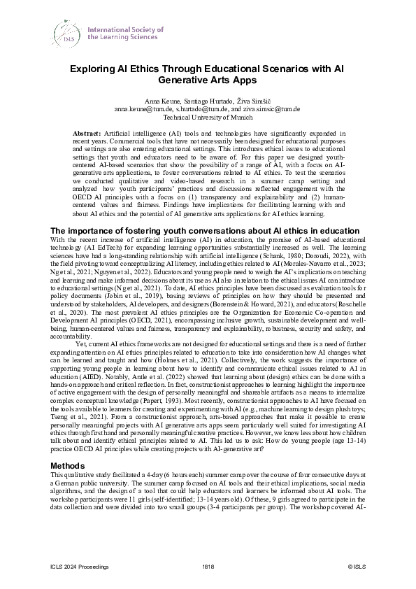 (PDF) Exploring AI Ethics Through Educational Scenarios with AI Generative Arts Apps
