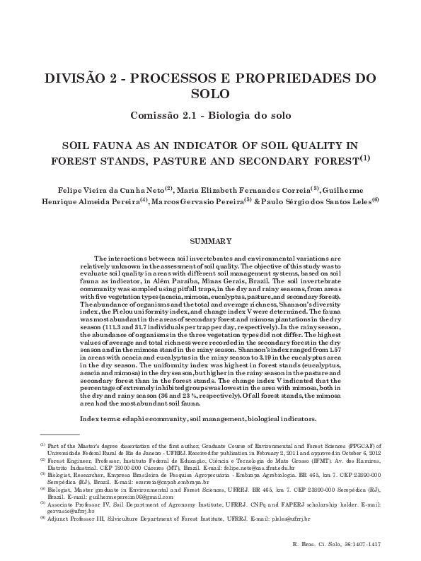 (PDF) Soil fauna as an indicator of soil quality in forest stands, pasture and secondary forest