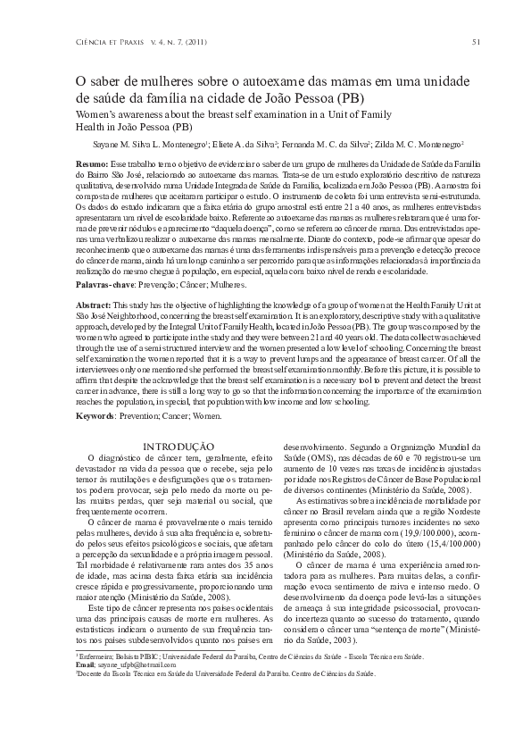 (PDF) O saber de mulheres sobre o autoexame das mamas em uma unidade de ...