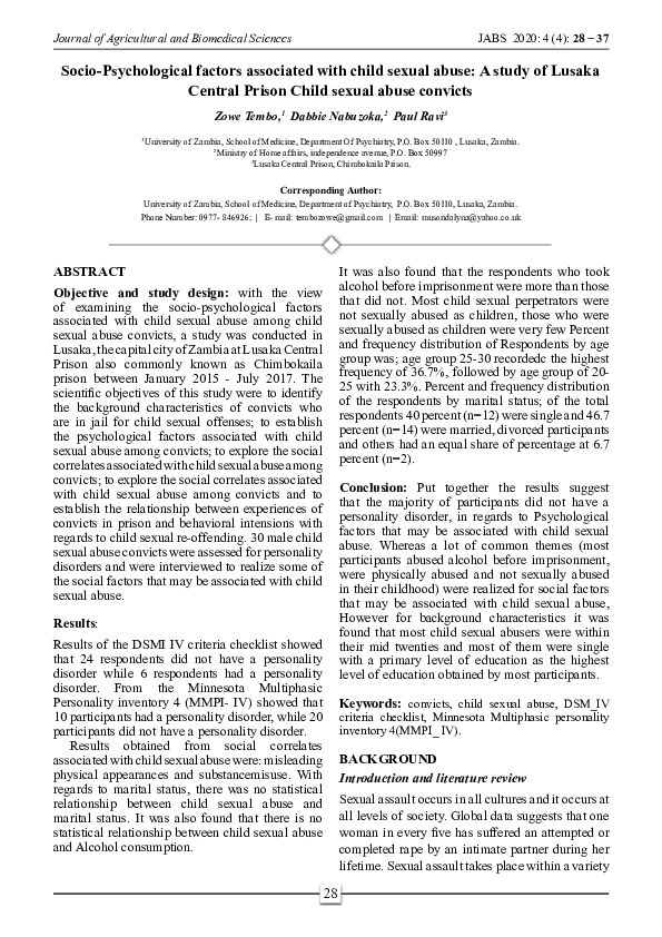(PDF) Socio- Psychological factors associated with child sexual abuse: A study of Lusaka Central ...