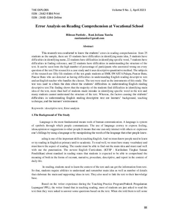 (PDF) Error Analysis on Reading Comprehension at Vocational School