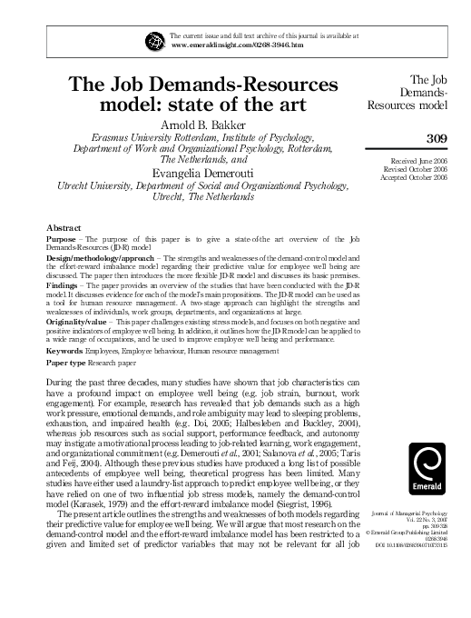 (PDF) The Job Demands‐Resources model: state of the art