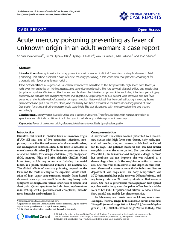 (PDF) Acute mercury poisoning presenting as fever of unknown origin in an adult woman: a case report