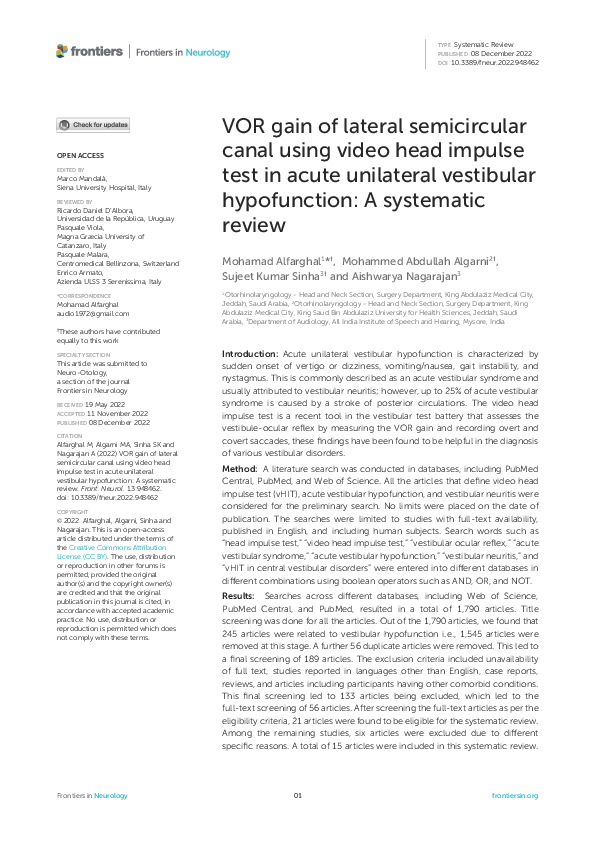 (PDF) VOR gain of lateral semicircular canal using video head impulse ...