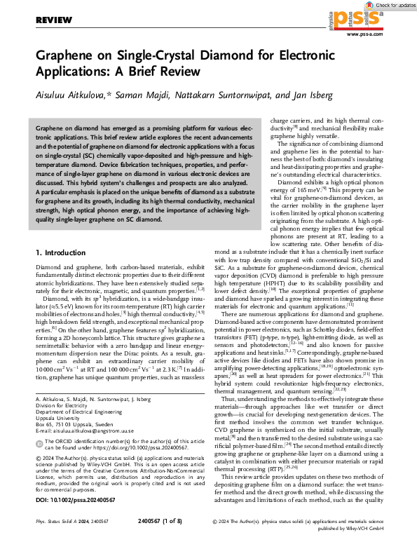 (PDF) Graphene on Single-Crystal Diamond for Electronic Applications: A ...