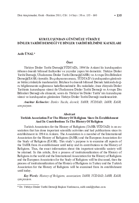 (PDF) Kuruluşundan Günümüze Türkiye Dinler Tarihi Derneği ve Dinler ...
