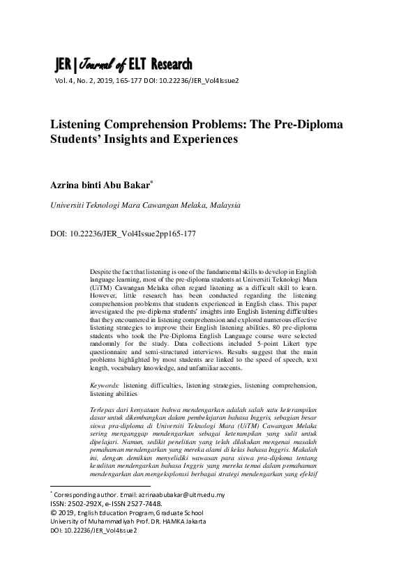 (PDF) Listening Comprehension Problems: The Pre-Diploma Students ...