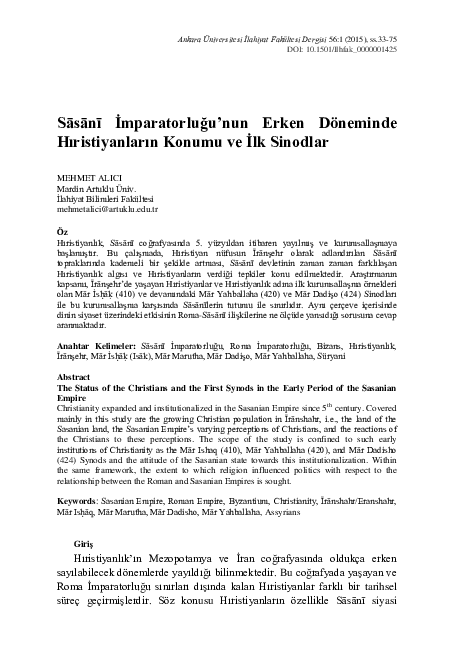 (PDF) Sasani İmparatorluğu’nun erken döneminde Hıristiyanların konumu ...