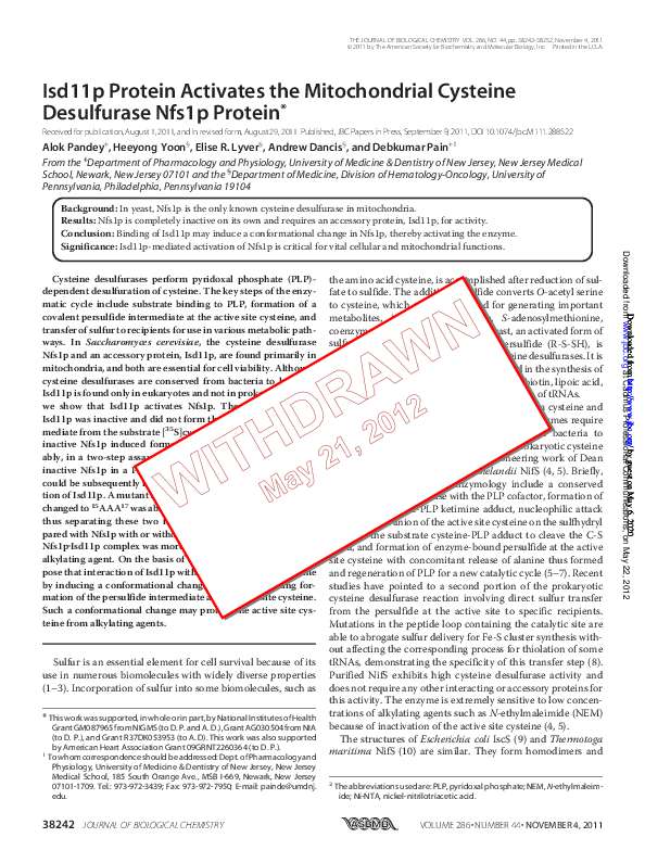 (PDF) Isd11p Protein Activates the Mitochondrial Cysteine Desulfurase ...