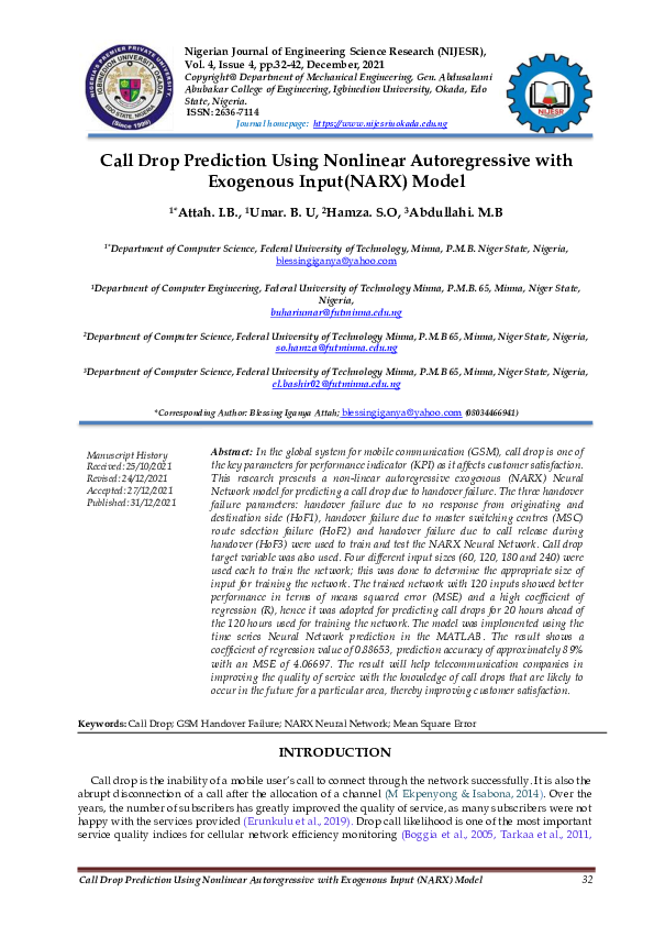 (PDF) Call Drop Prediction Using Nonlinear Autoregressive with Exogenous Input(NARX) Model