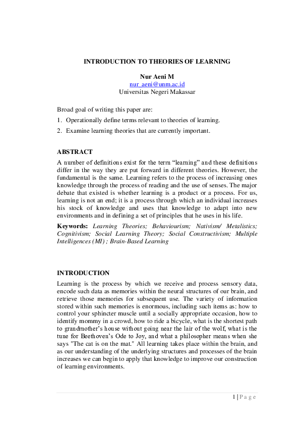 (PDF) Introduction to Theories of Learning