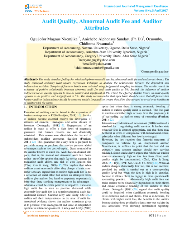 (PDF) Audit Quality, Abnormal Audit Fee and Auditor Attributes