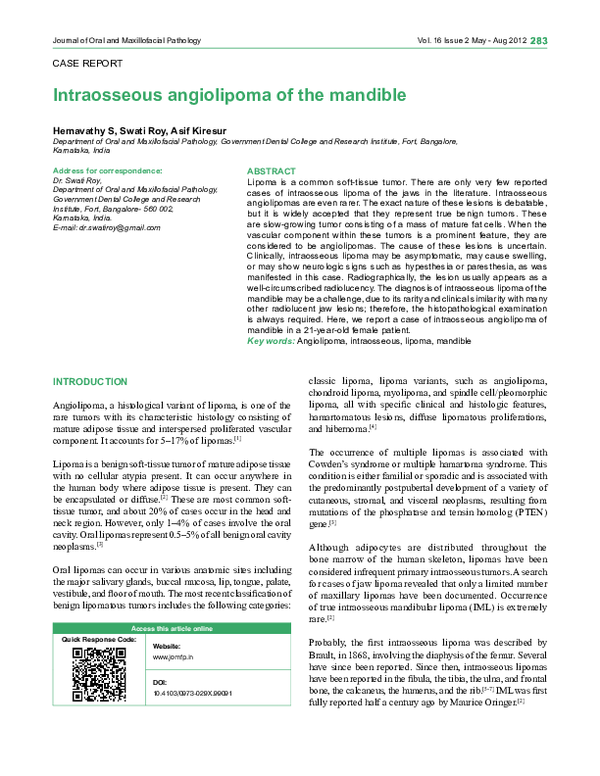 (PDF) Intraosseous angiolipoma of the mandible